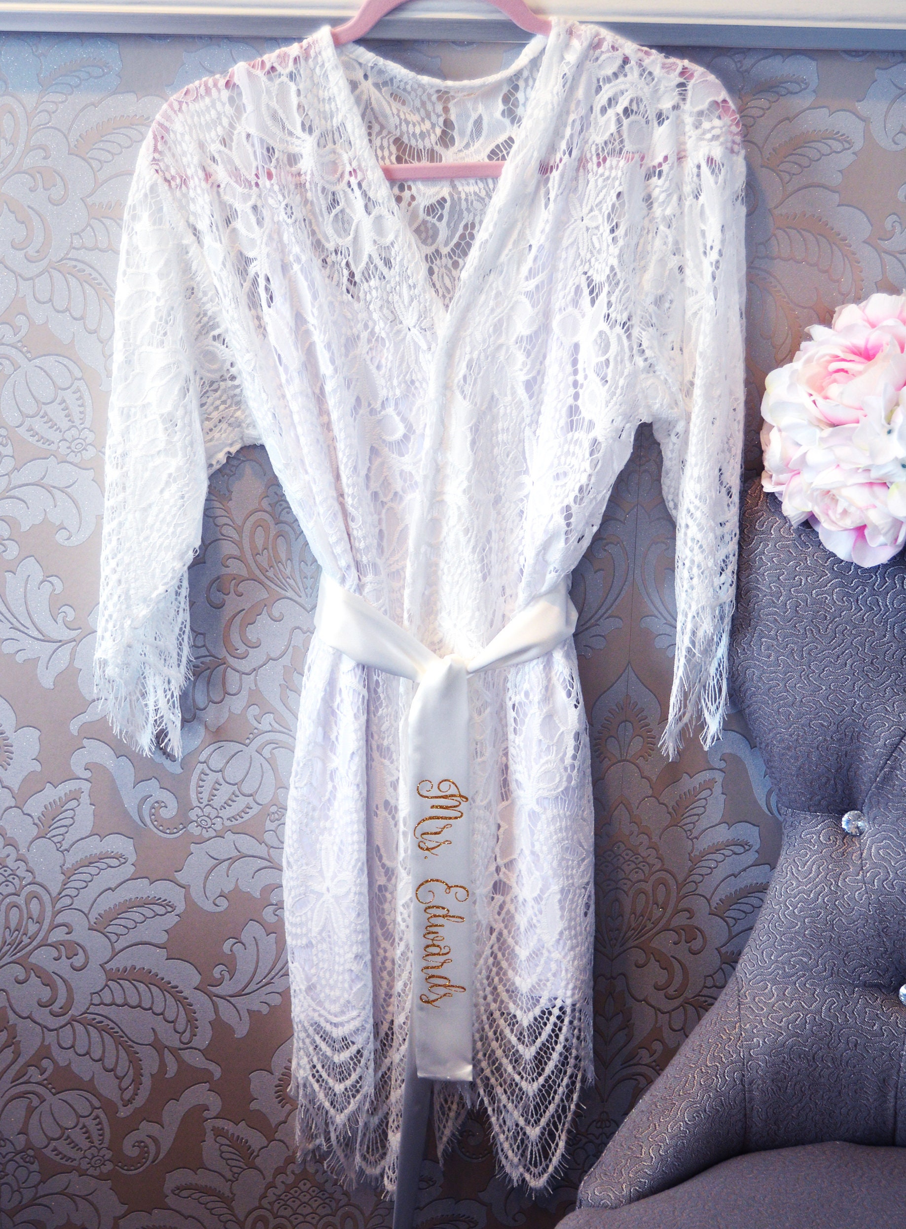 Personalized Bridal Robe Short Wedding White Full Lace Robe | Etsy