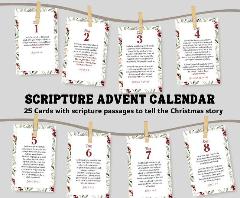 Scripture Advent Calendar for Printable, Christmas Countdown, Bible Verse Card for Christmas, 25 ...