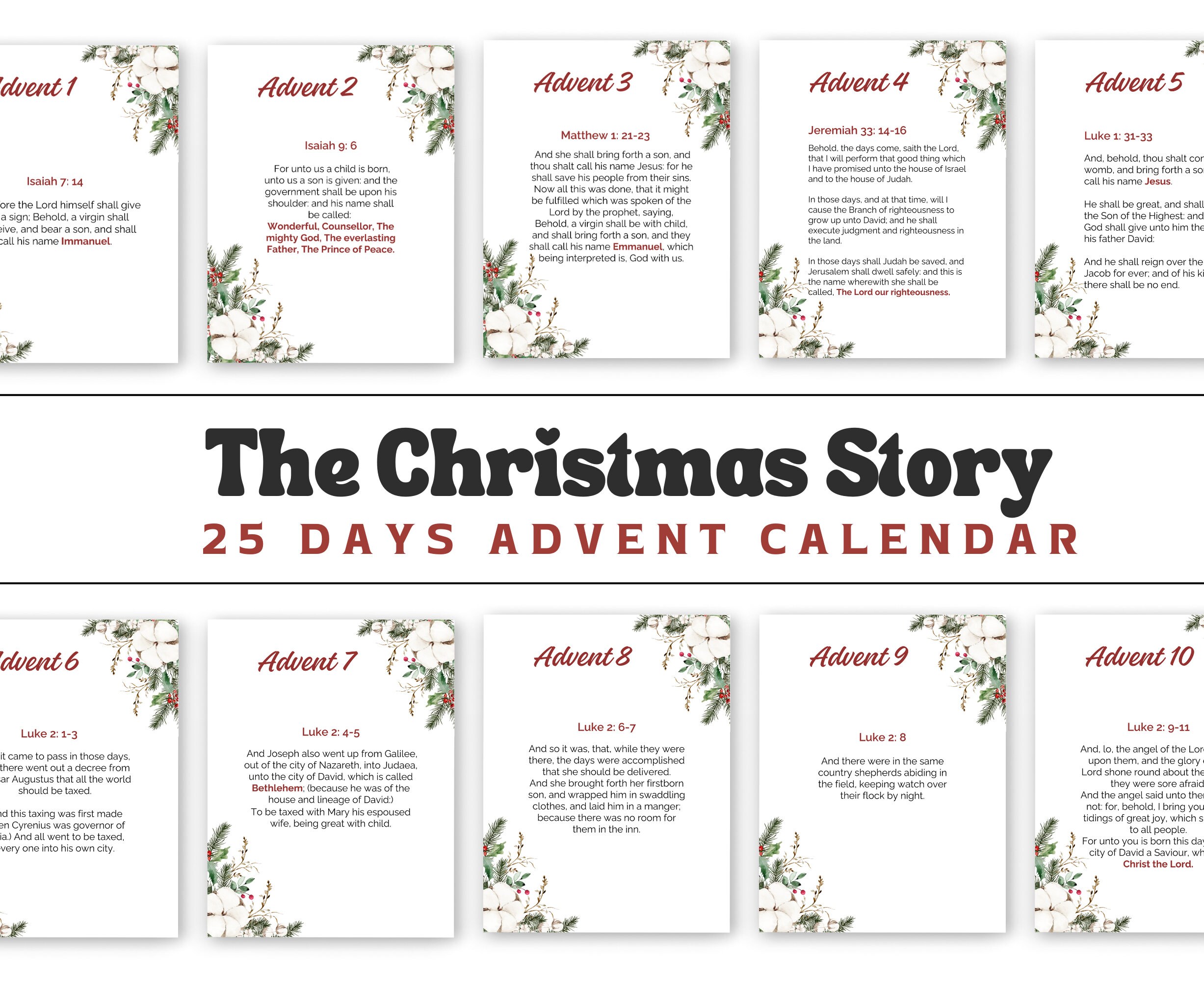 Scripture Advent Calendar for Printable, Christmas Countdown, Bible Verse Card for Christmas, 25 ...