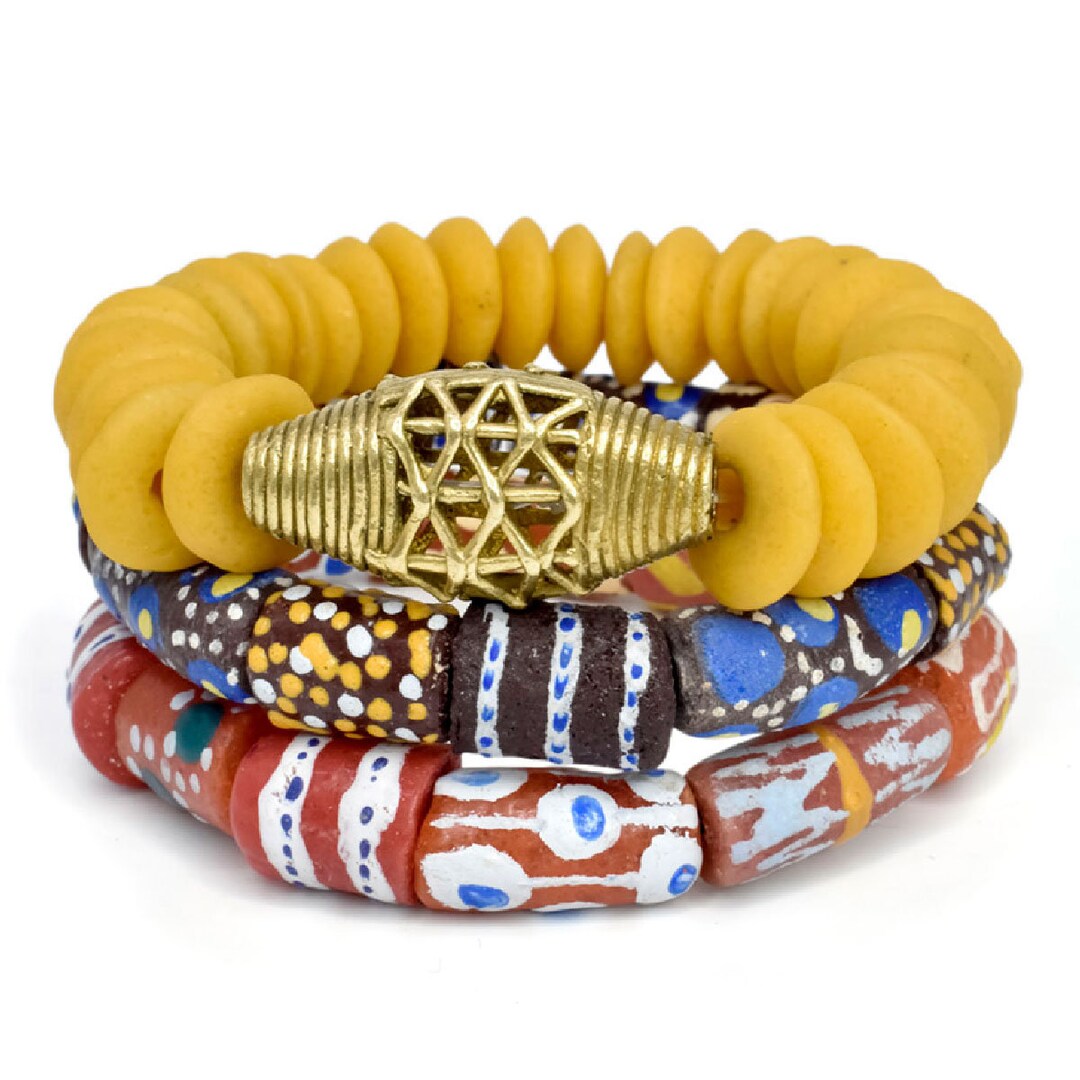 Ghana African Krobo Glass Bead Set - Yellow, Red and Brown Krobo Glass ...
