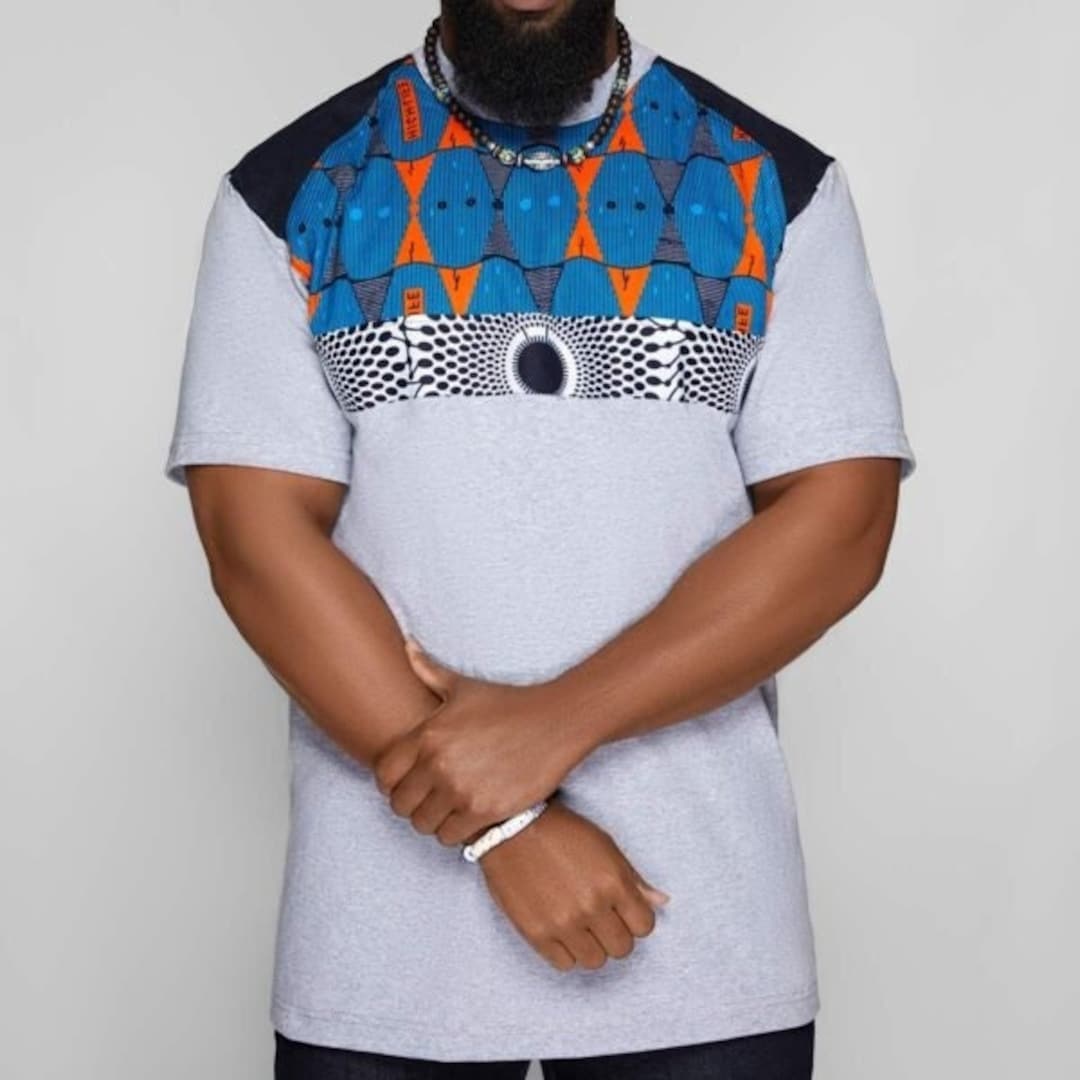 Men’s Gray African Print T-shirt W/ Center Patchwork | African Print ...