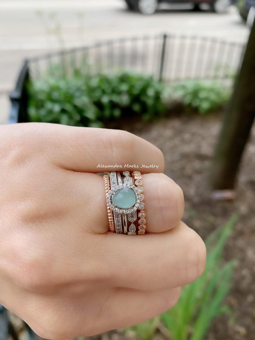 Aquamarine Ring, Dainty Aqua Gemstone Ring, Gold Delicate Ring, Halo Stacking Ring, Boho Fashion ...