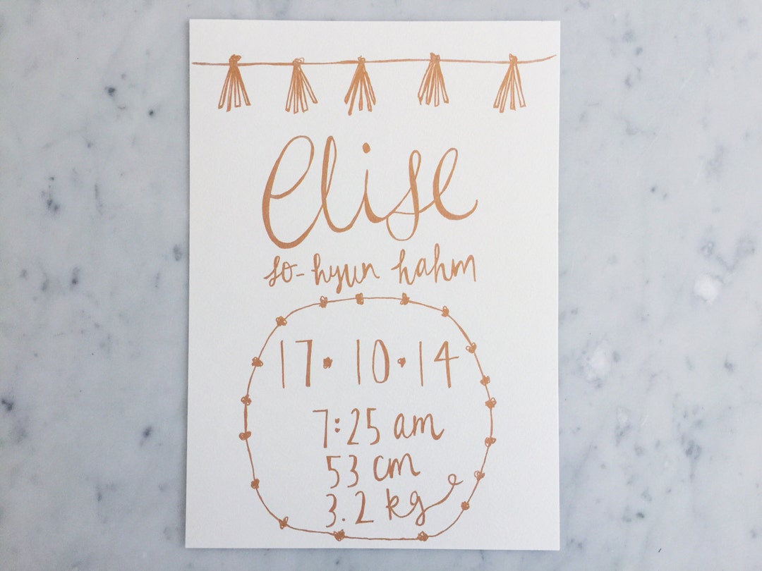 Custom A4 Hand Drawn Rose Gold Lettering Sign / Baby Birth Announcement ...
