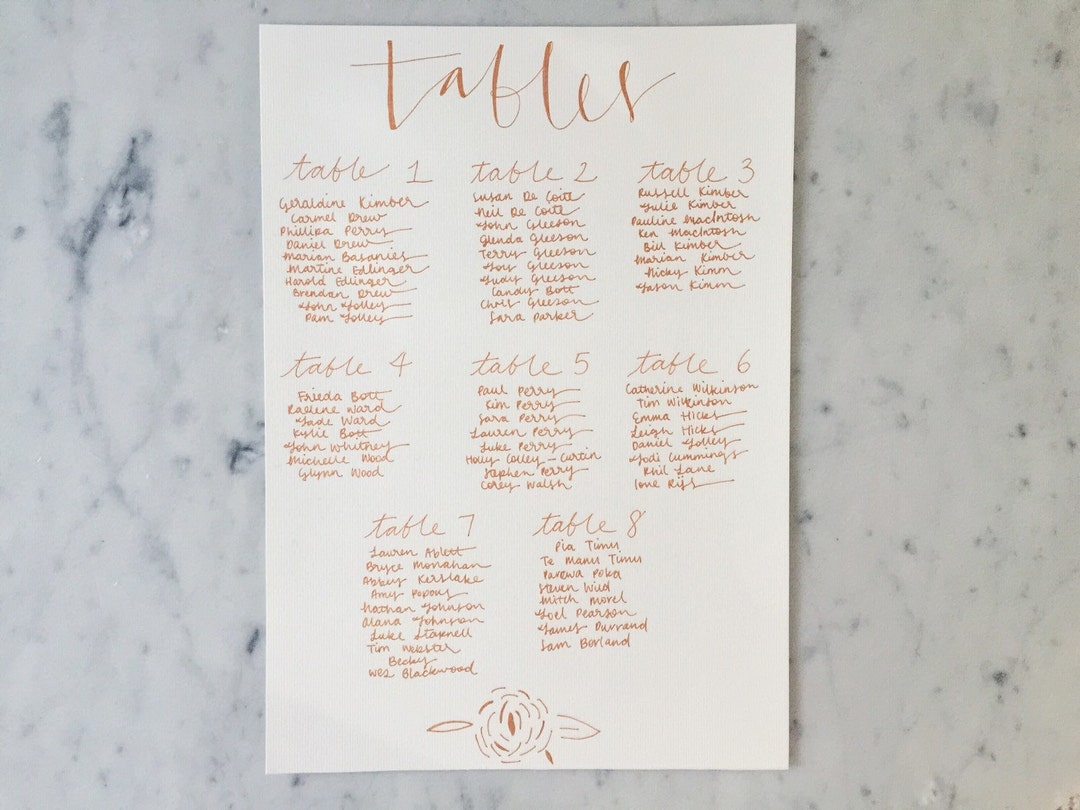 Custom A3 Hand Drawn Metallic Rose Gold Lettering Sign / Table Seating ...