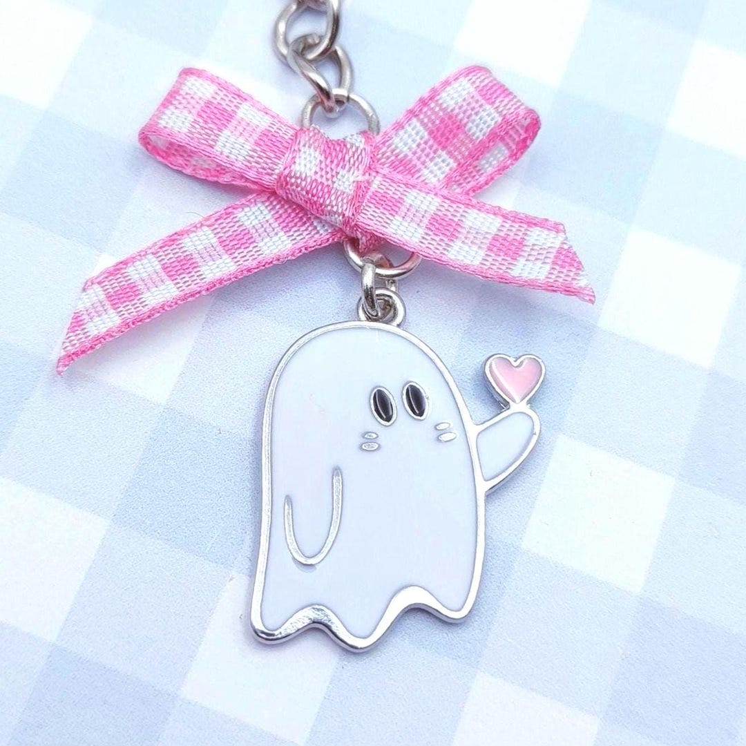 Cute Ghost Keyring Pink and White Gingham Bow Keychain Halloween Heart ...