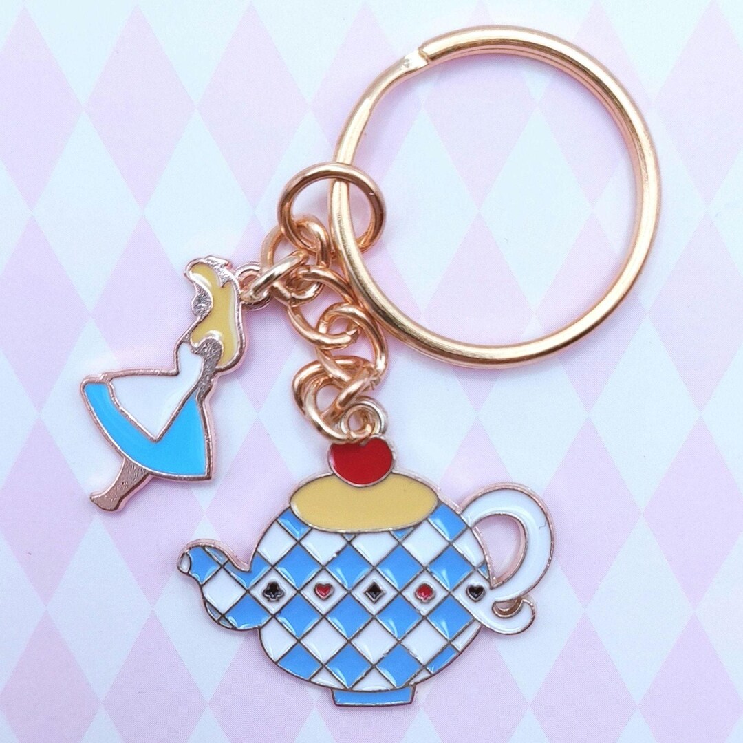 Alice in Wonderland Keyring Keychain Tea Pot Blue White Yellow - Etsy
