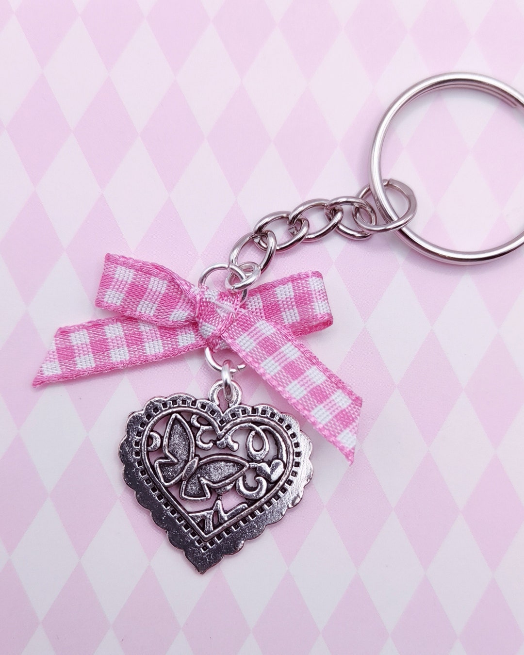 Heart Bow Keyring Keychain Cute Kawaii Lolita Pink Gingham Butterfly ...