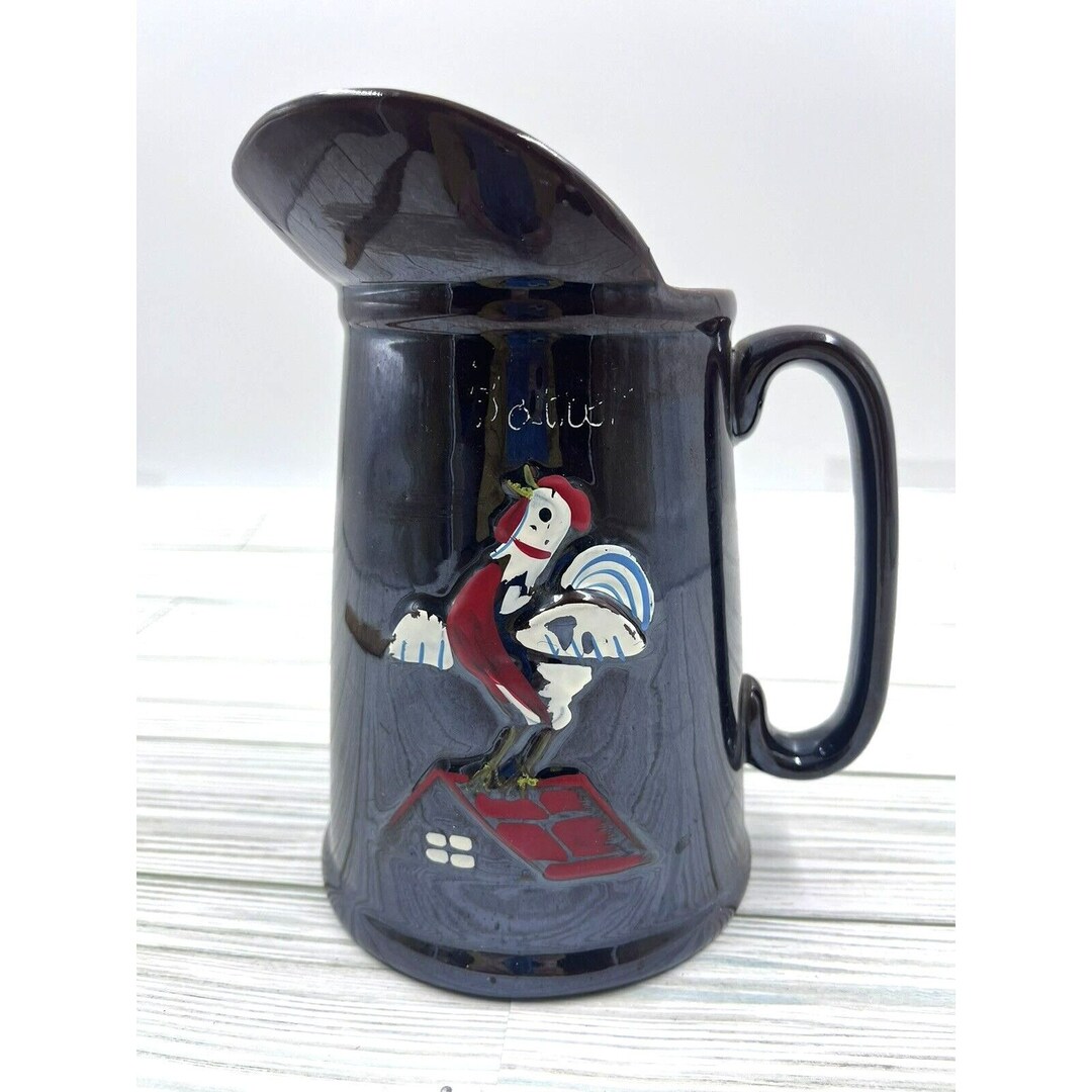Ceramic Redware Brown Luster Pancake Batter Pitcher Rooster Design ...