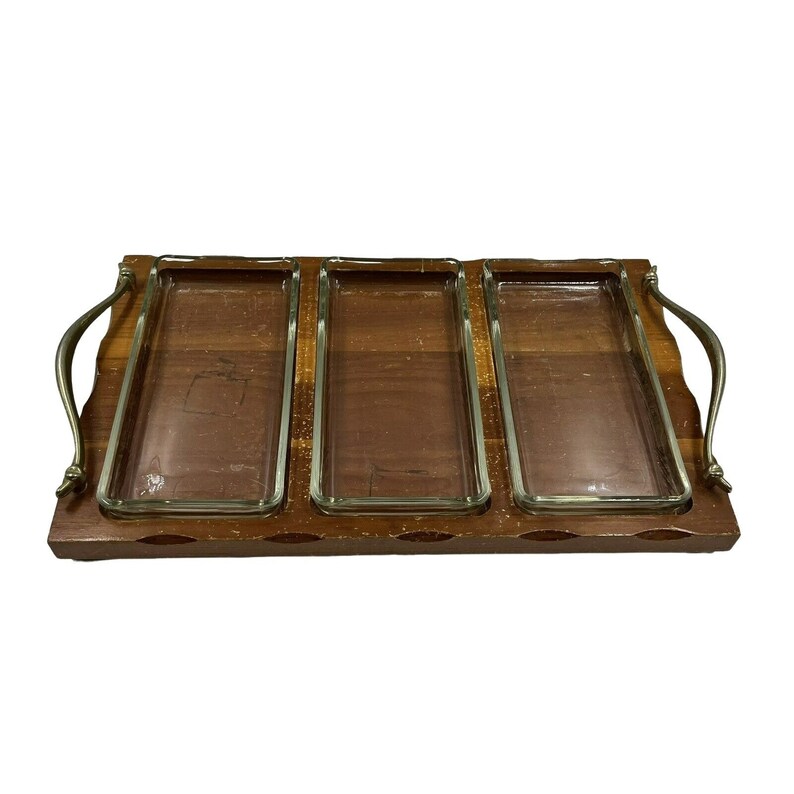Vintage Carved Wood Serving Tray 3 Sections Glass Inserts USA MCM With ...