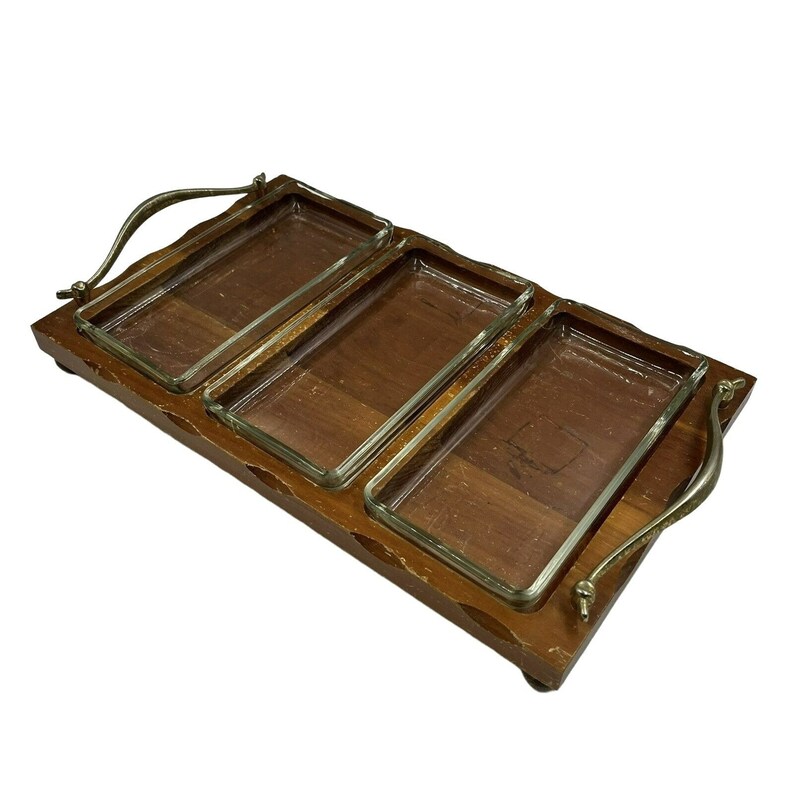 Vintage Carved Wood Serving Tray 3 Sections Glass Inserts USA MCM With ...