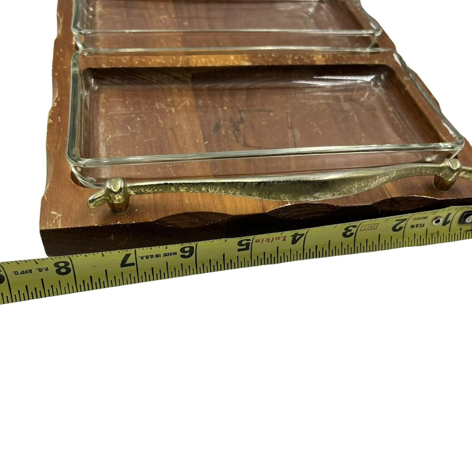 Vintage Carved Wood Serving Tray 3 Sections Glass Inserts USA MCM With ...