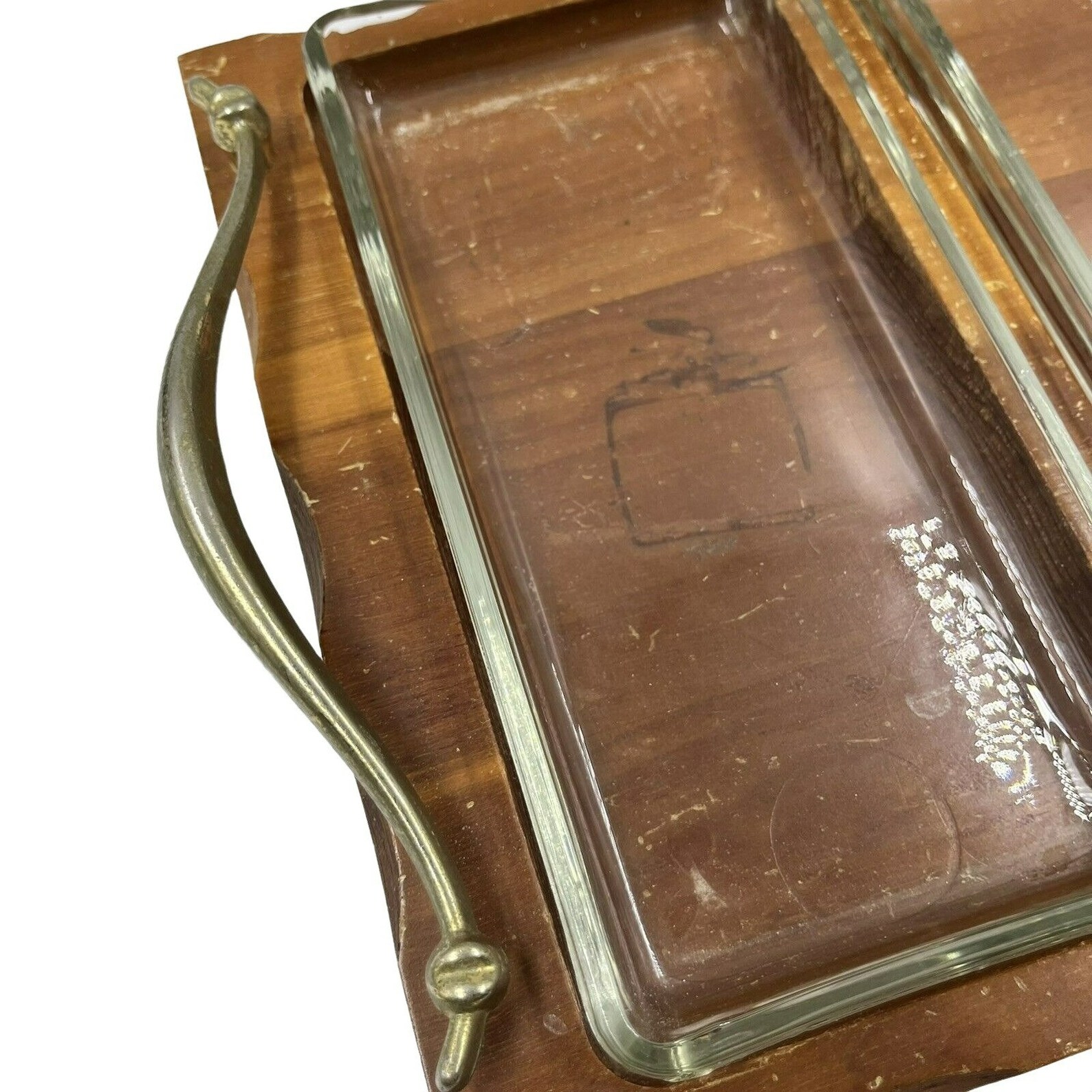 Vintage Carved Wood Serving Tray 3 Sections Glass Inserts USA MCM With ...