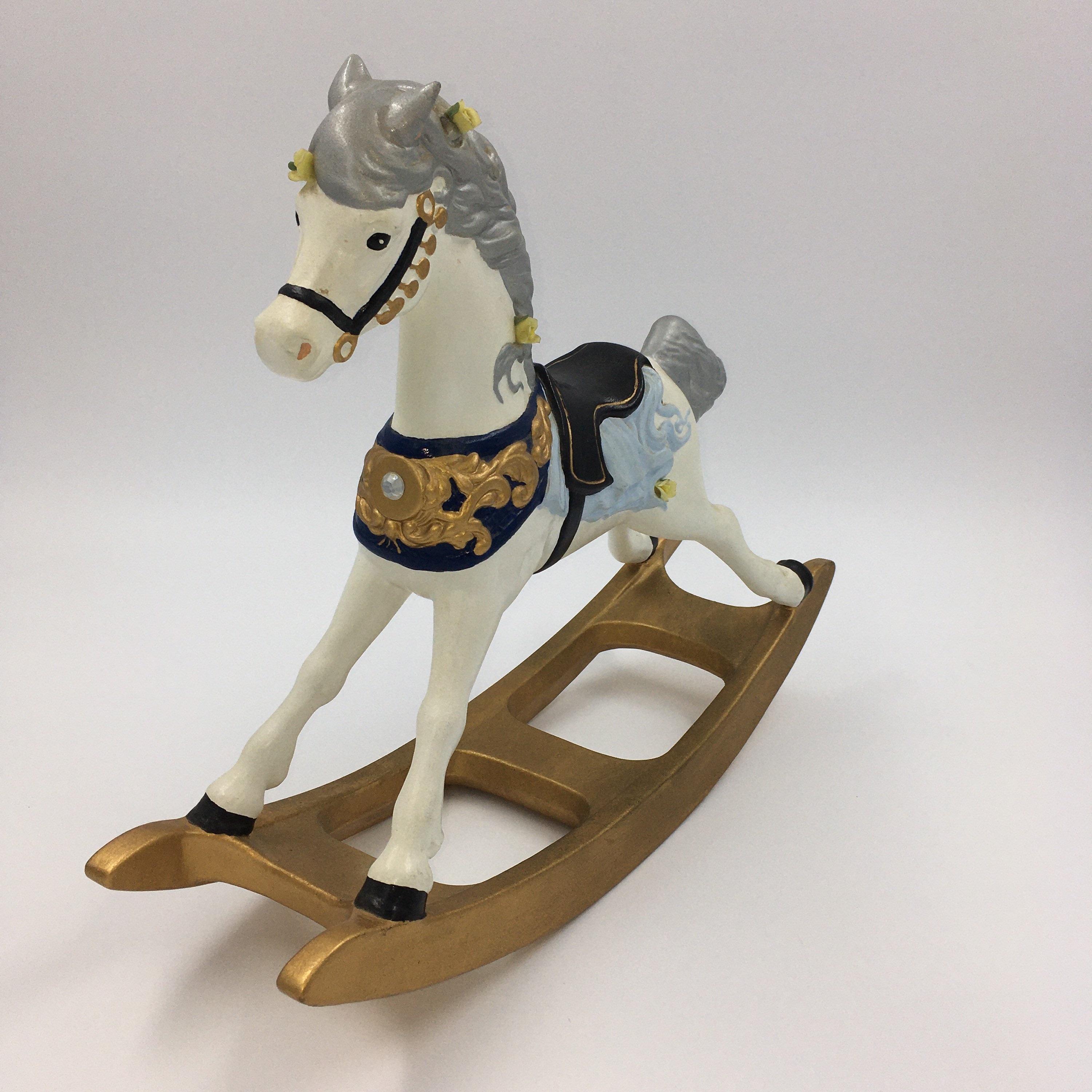 1989 Hand Painted Ceramic Rocking Horse, Gold With Blue, Signed Goldie ...