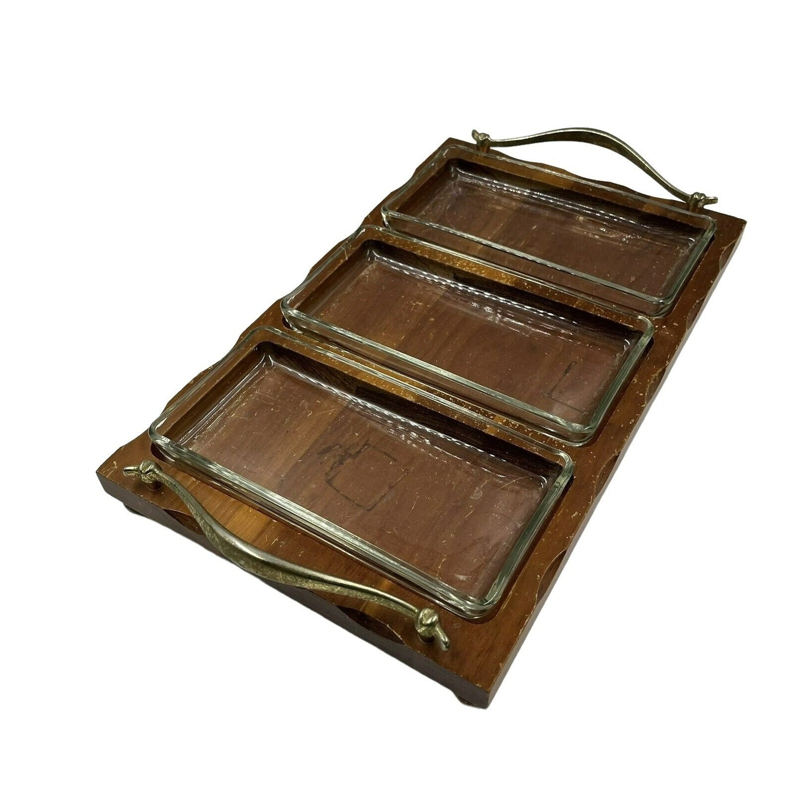 Vintage Carved Wood Serving Tray 3 Sections Glass Inserts USA MCM With ...