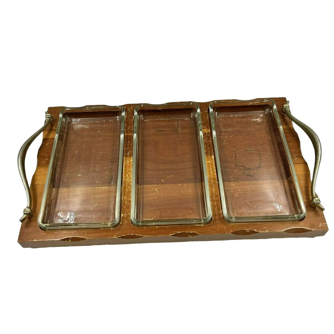 Vintage Carved Wood Serving Tray 3 Sections Glass Inserts USA MCM With ...