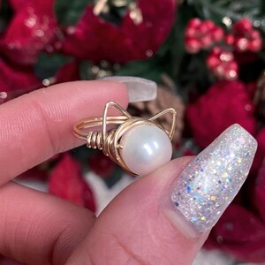 Wire Wrap Cat Ring- Freshwater Pearl Kitty Ring, Gift for Cat Lovers ...