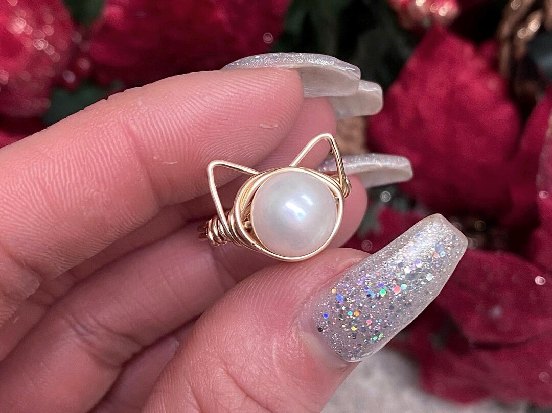 Wire Wrap Cat Ring- Freshwater Pearl Kitty Ring, Gift for Cat Lovers ...