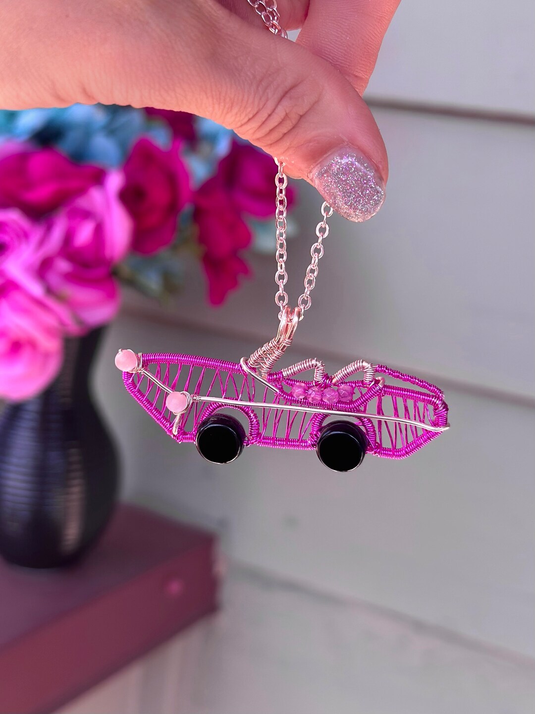 Pink Convertible Pendant - Wire Wrap Car Pendant Necklace Quartz & Cat ...