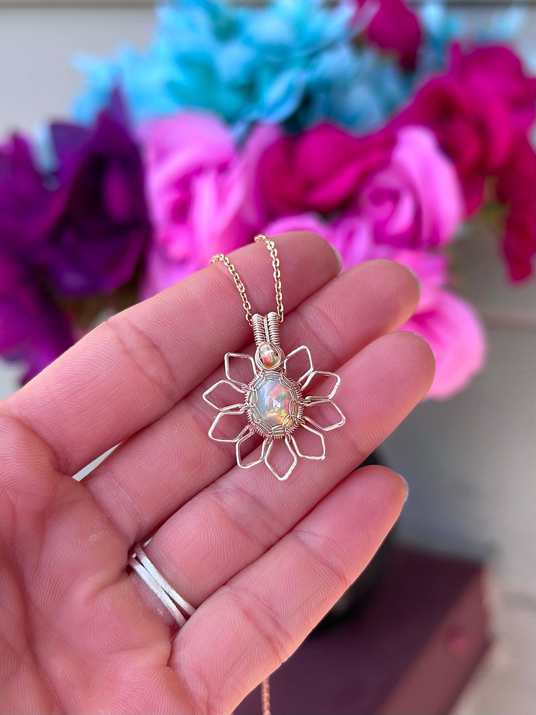 Wire Wrap Sunflower - Ethiopian Opal Sunflower Flower Pendant Necklace ...