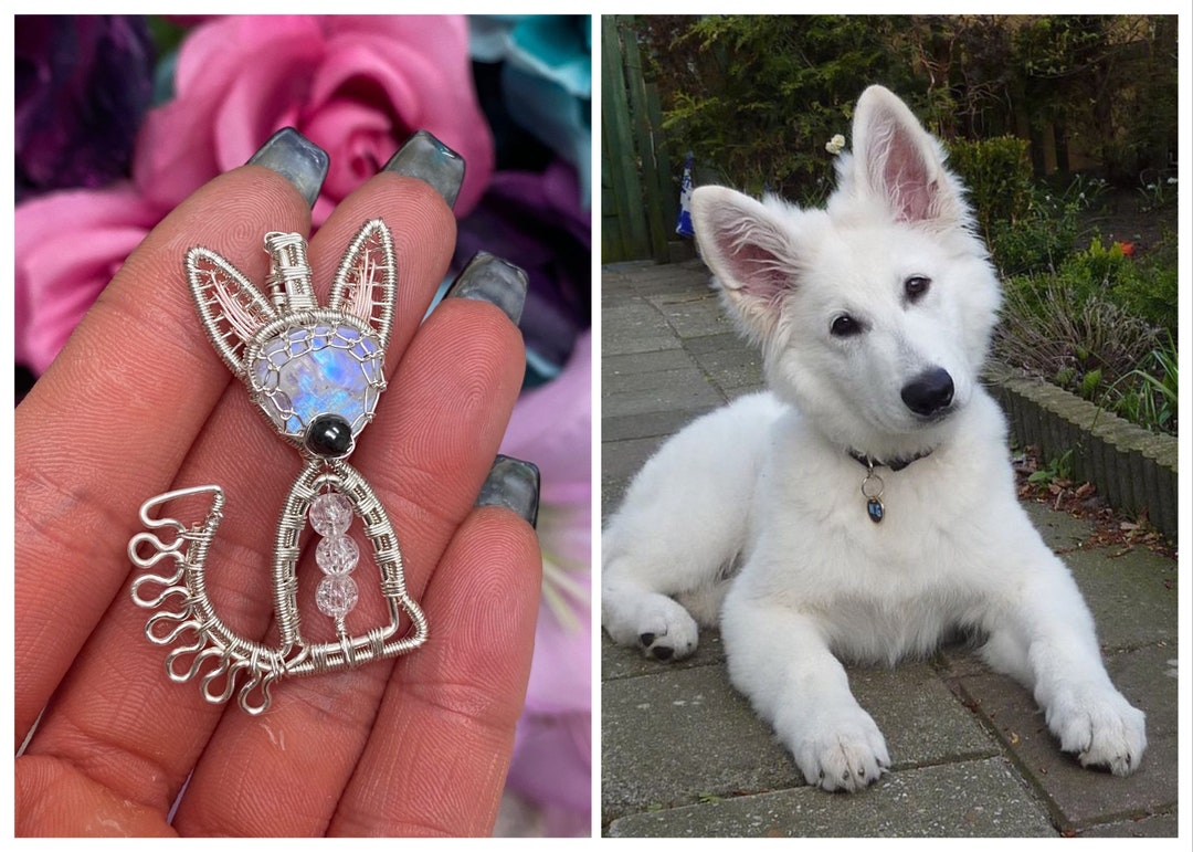 Wire Wrap Husky/white Shepard - Moonstone & Crackle Quartz Dog Pendant ...