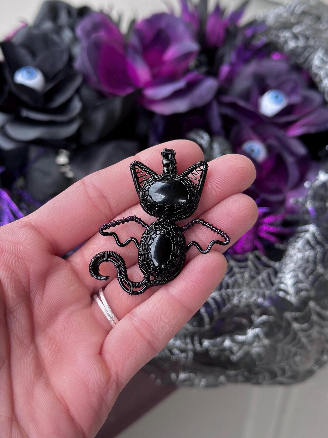 Wire Wrap Kitty-bat - Spooky Black Obsidian Cat-bat Hybrid Halloween ...