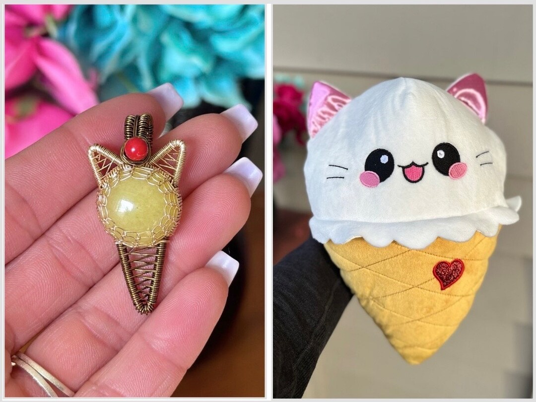 Ice Cream Cat Pendant/plushie Set - Wire Wrap Cat Necklace, Yellow Jade ...