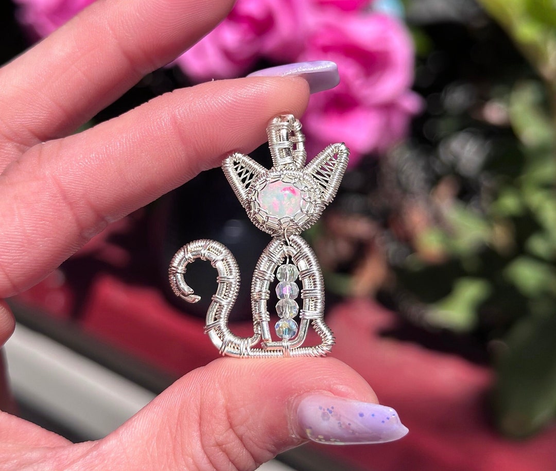 Wire Wrap Cat - Ethiopian Opal & Angel Aura Kitty Pendant Necklace Gift ...