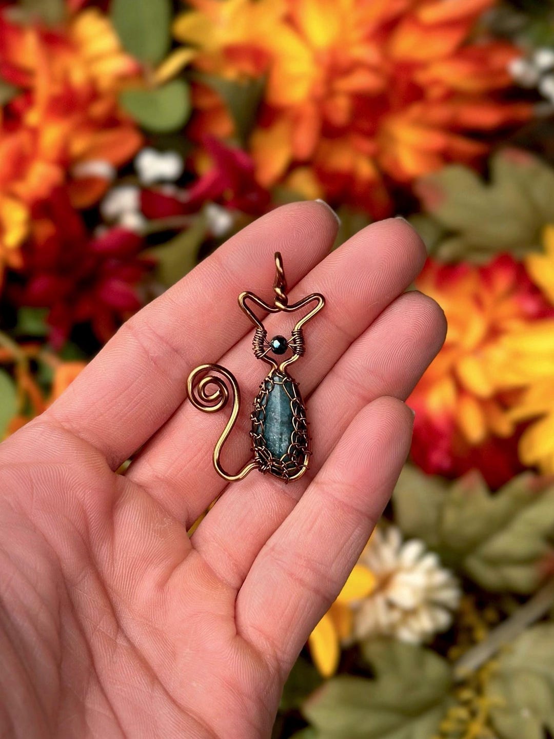 Wire Wrap Cat - Blue Green Apatite Bronze Kitty Pendant Necklace, Gift ...