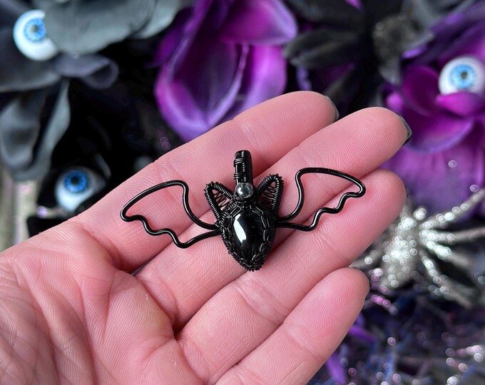 Wire Wrap Bat Black Obsidian Halloween Bat Pendant Necklace, MADE-TO ...