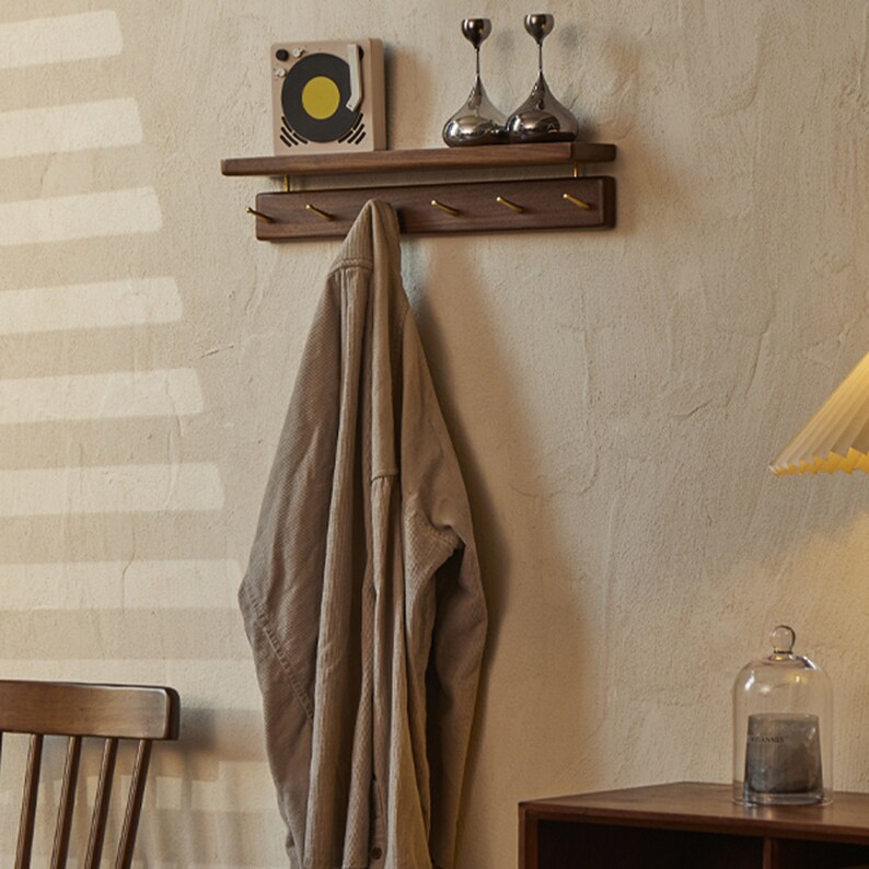 Walnut Wood Coat Rack With Shelf Wall-mounted Entryway Organizer With ...