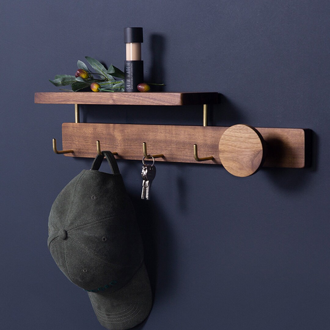 Walnut Key Holder Entryway Organizer, Key Hooks With Mail Holder, Solid ...
