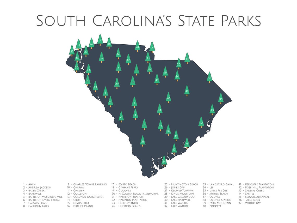 South Carolina's State Parks Checklist Map SC State - Etsy