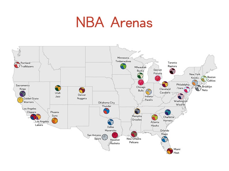 NBA Arenas Map Basketball Stadiums National Basketball - Etsy