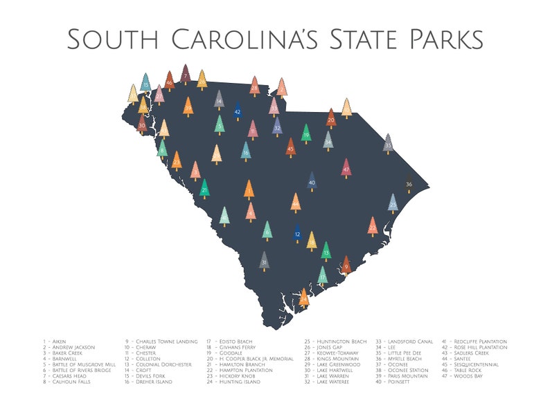 South Carolina's State Parks Checklist Map SC State - Etsy