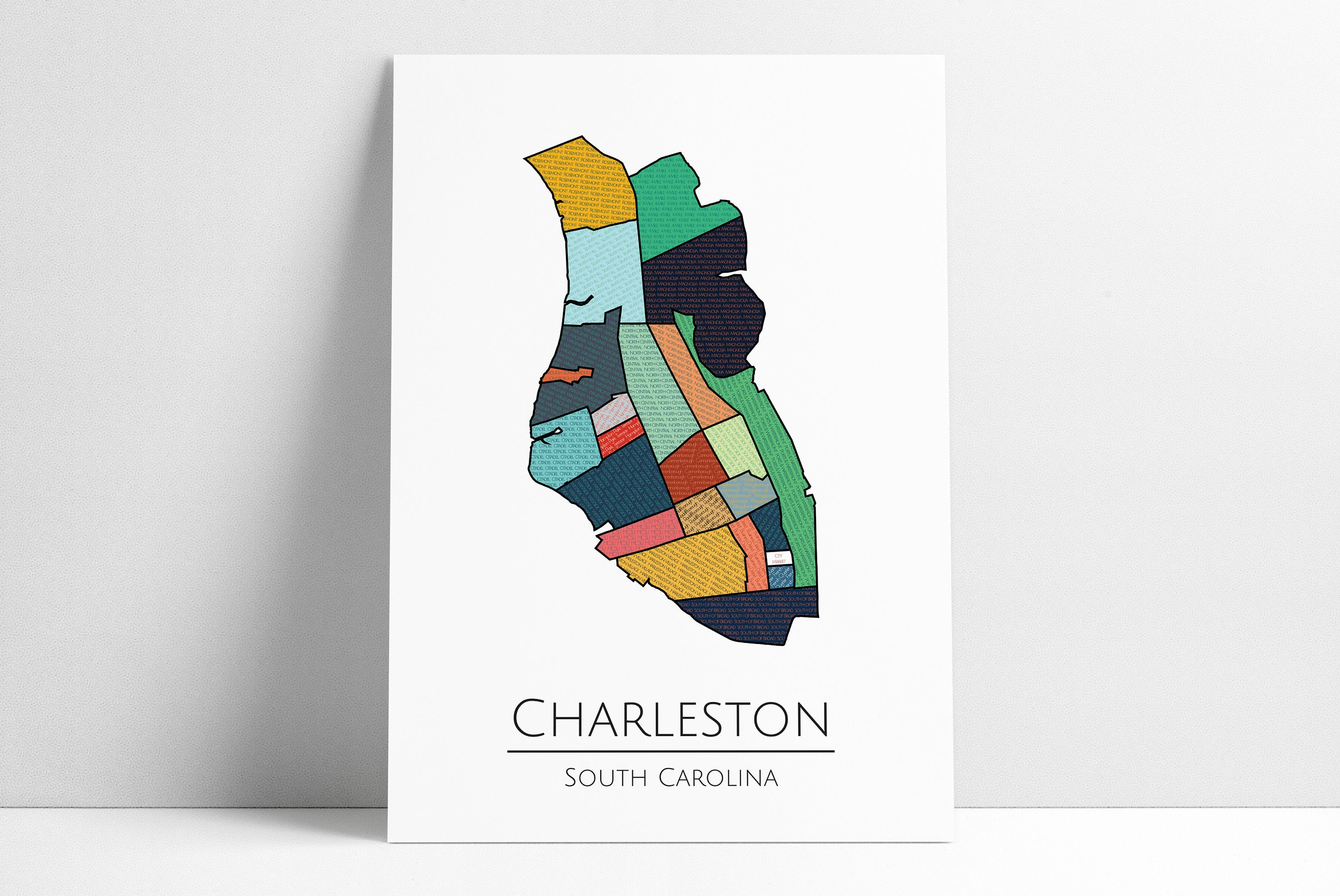 Charleston Neighborhoods Map Art Poster Print Charleston SC | Etsy