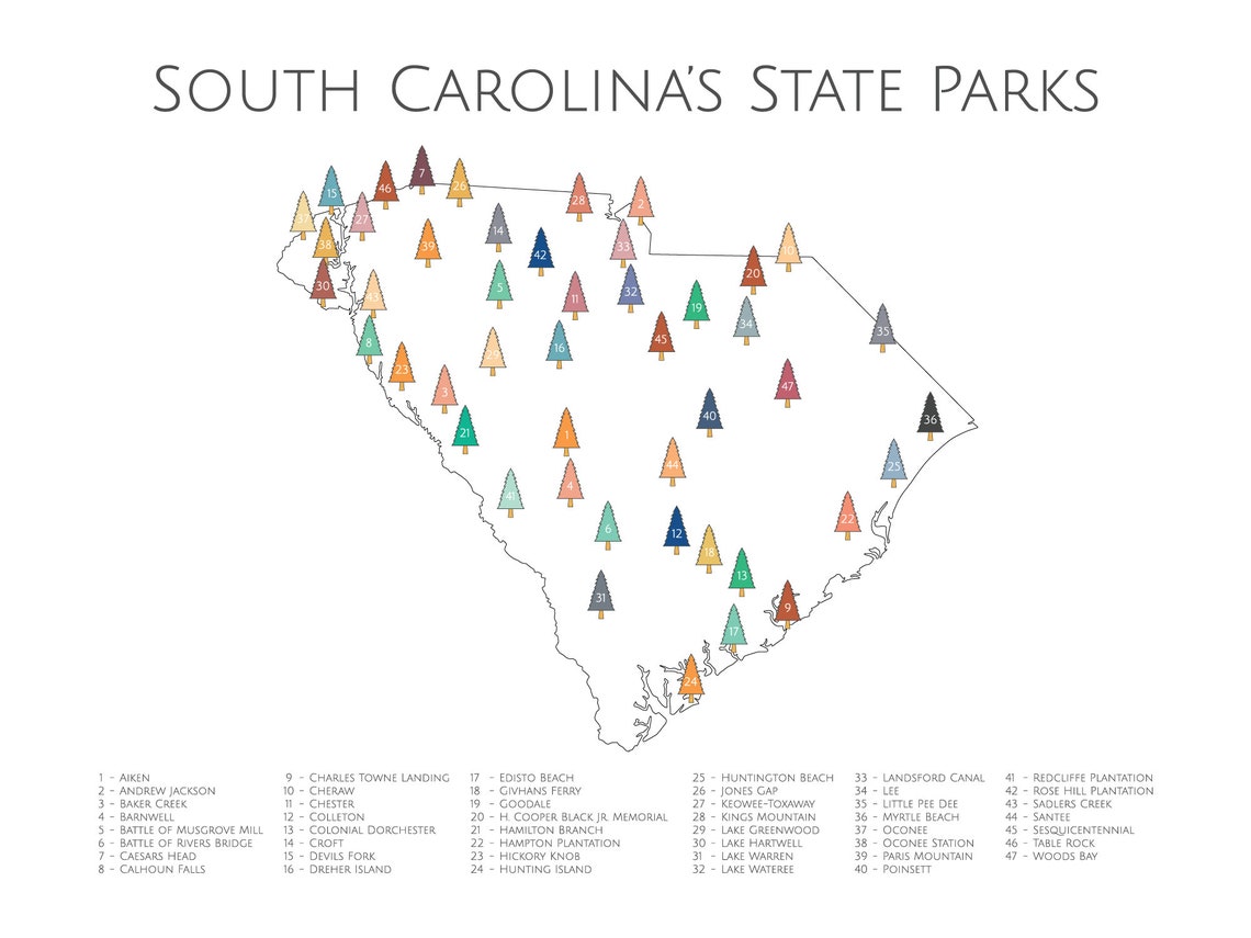 South Carolina's State Parks Checklist Map SC State - Etsy
