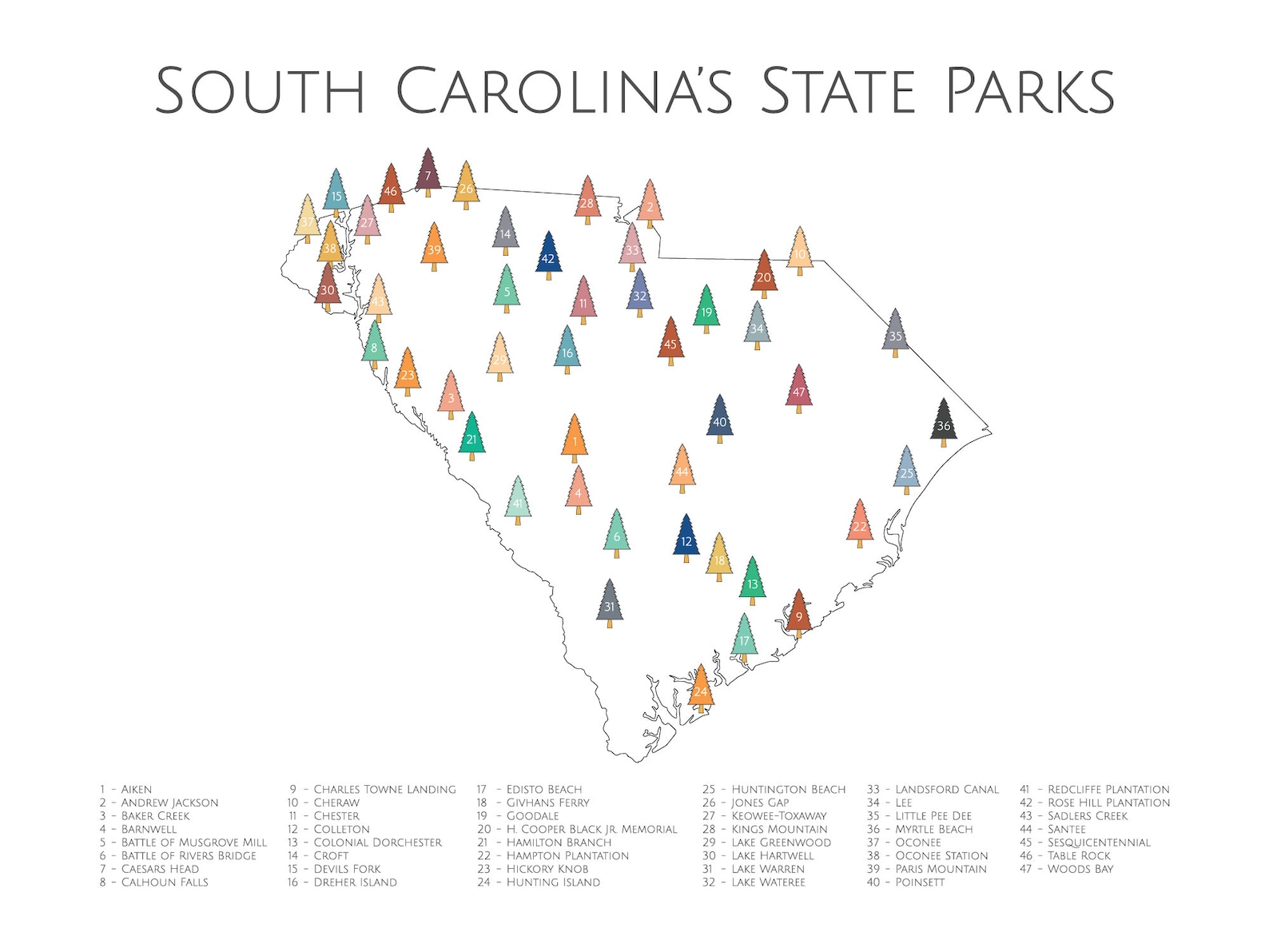 South Carolina's State Parks Checklist Map SC State - Etsy