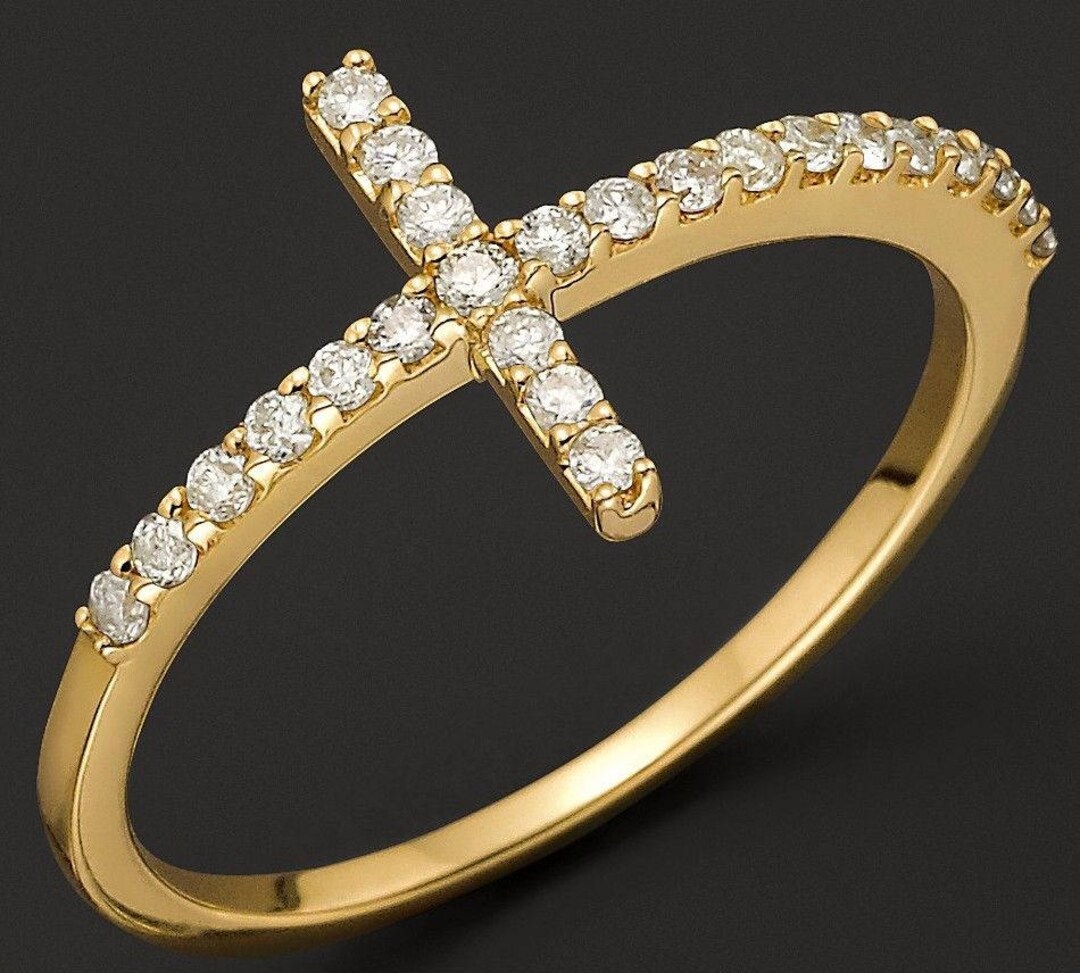 Stunning 10K Solid Yellow Gold Ladies' Cross Ring With Dazzling Micro Pave CZ – Elegant Sideways ...