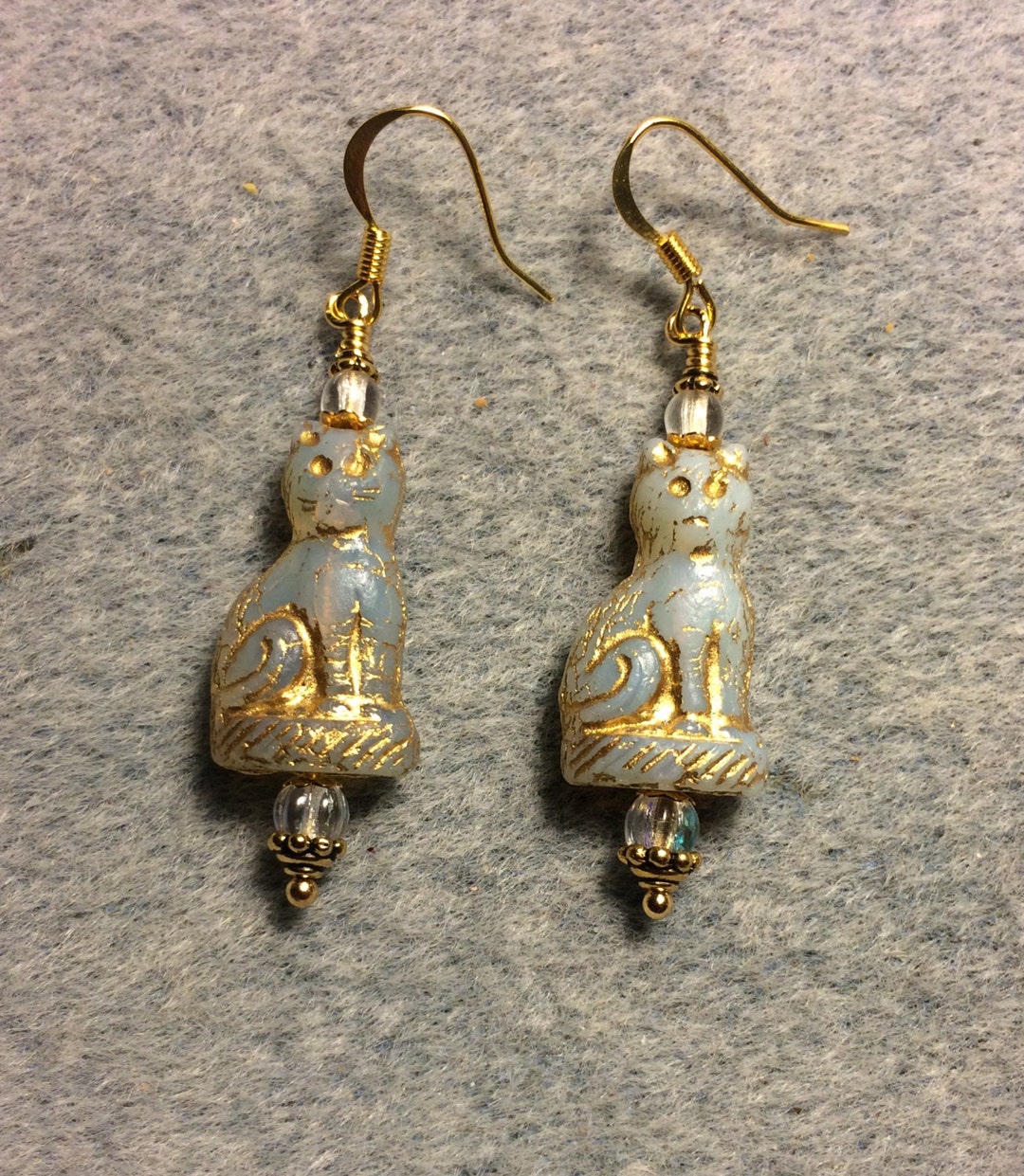 Opaque off White Fancy Czech Glass Cat Bead Earrings Adorned With Clear ...
