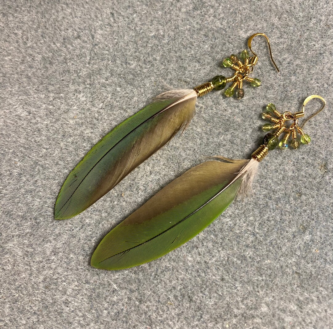 Dark Green Amazon Parrot Feather Earrings Adorned With Small Dangling ...