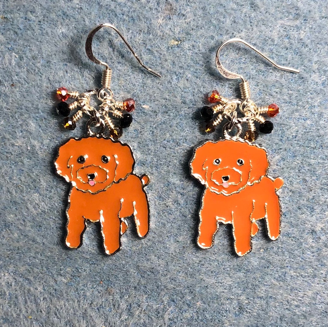 Brown Enamel Cockapoo Charm Earrings Adorned With Tiny Dangling Amber ...