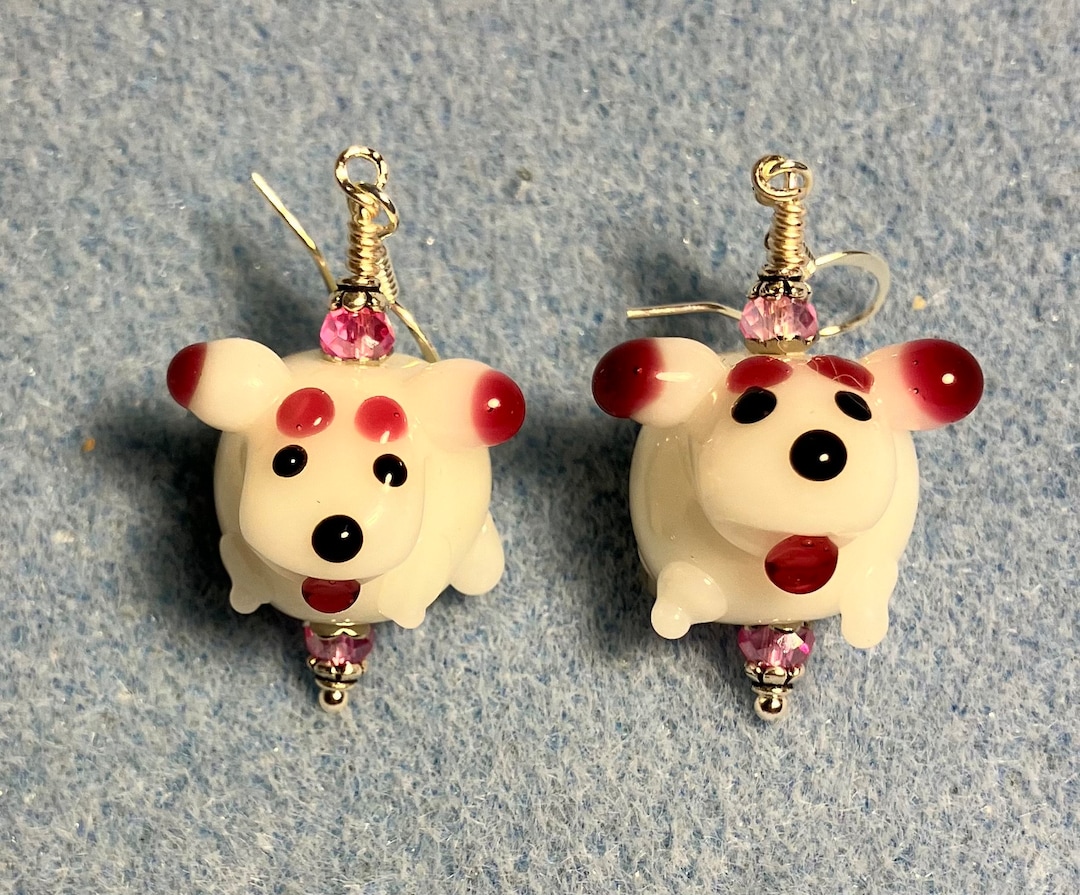 White and Hot Pink Lamp Work Sheep Bead Earrings Adorned With Hot Pink ...