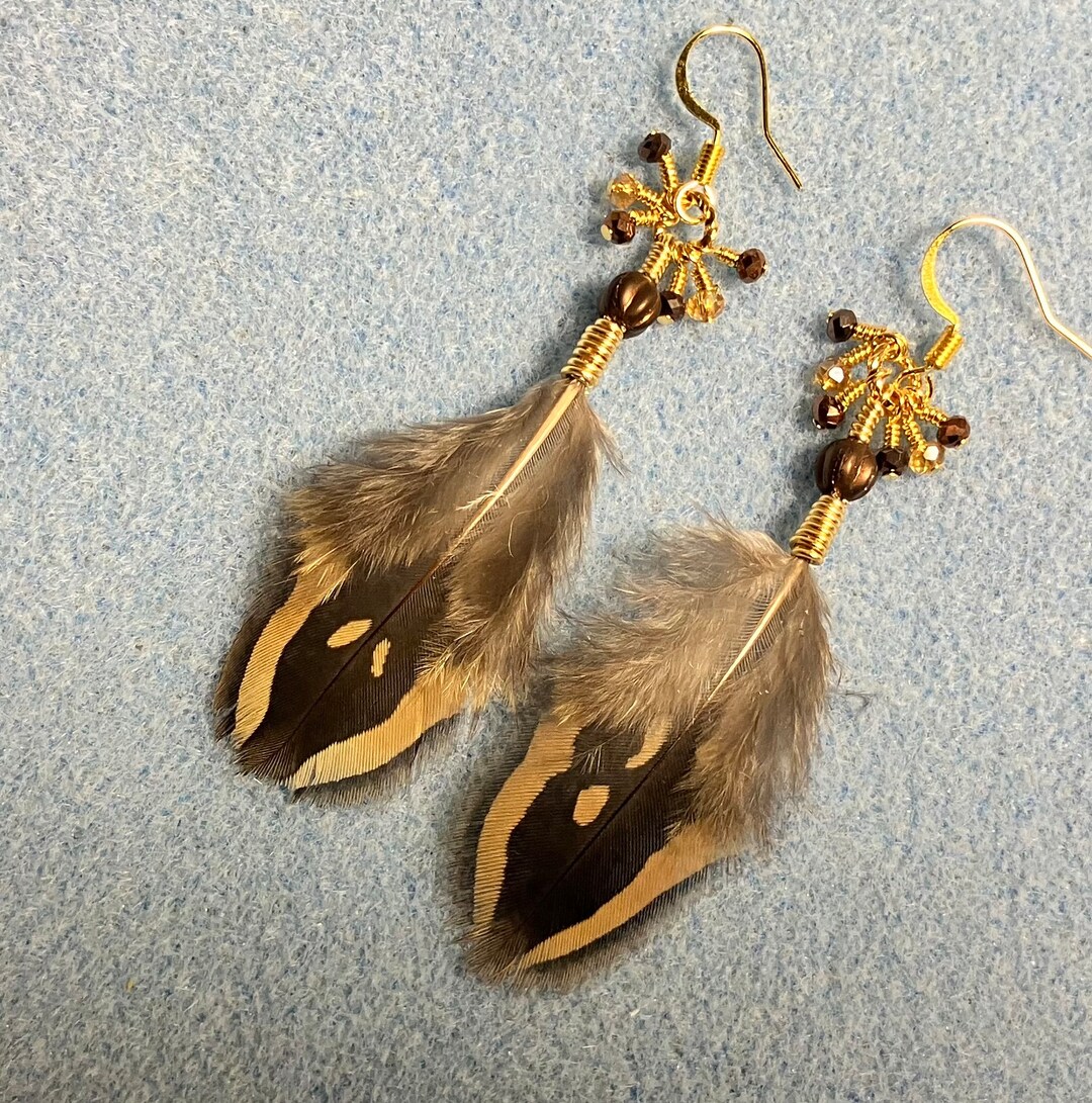 Black and Brown Pheasant Feather Earrings Adorned With Czech Glass ...