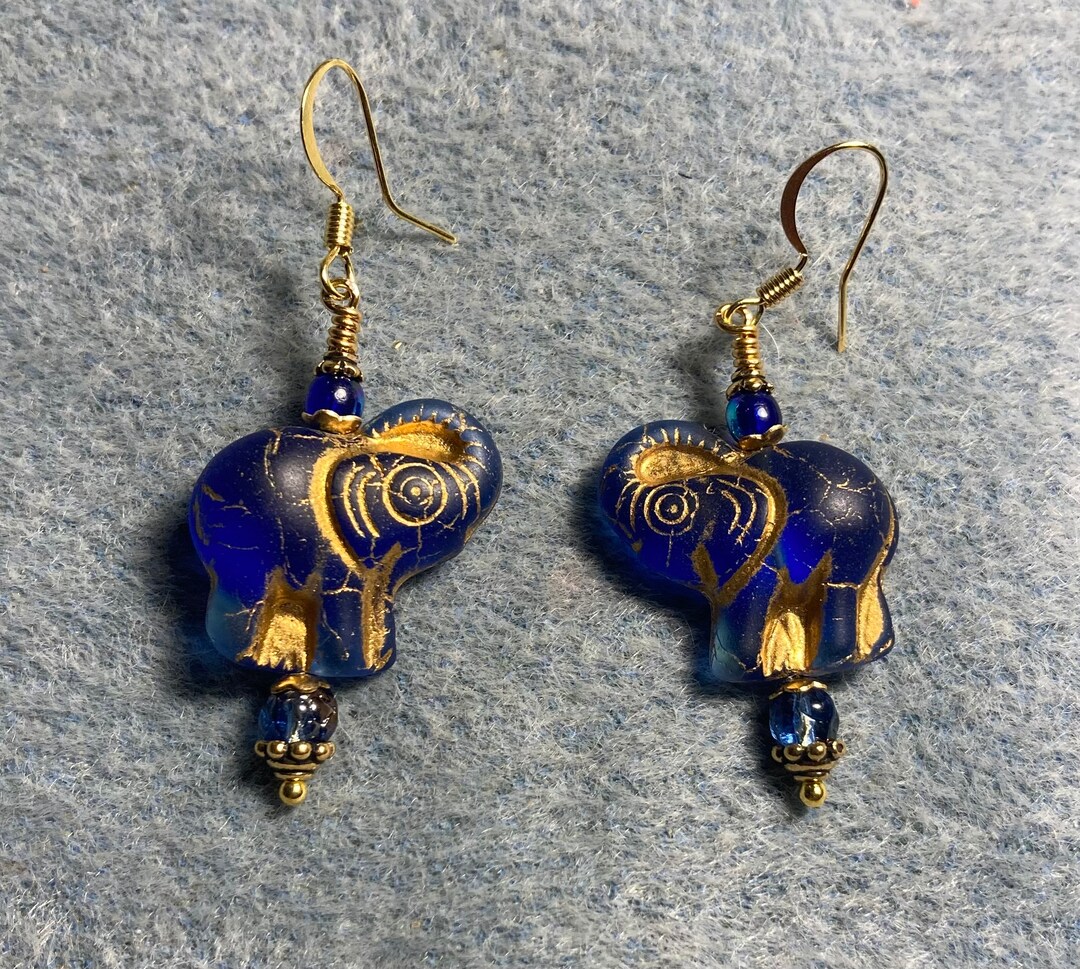 Translucent Blue with Gold Inlay Czech Glass Elephant Bead Dangle ...