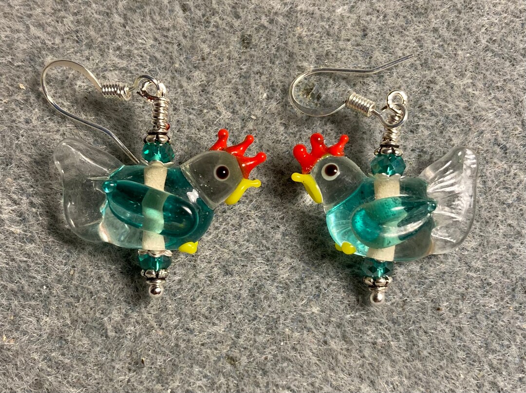 Clear and Teal Lamp Work Chicken Bead Earrings Adorned With Teal ...