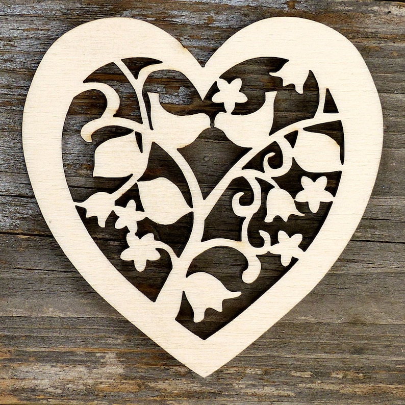 10x Wooden Heart Filigree Two Birds in a Tree Craft Shapes 3mm Plywood ...