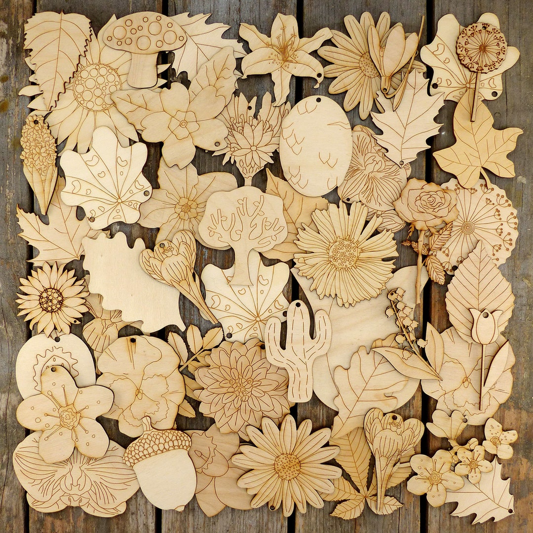 50+ Mix Plants Wooden Craft Shapes 3mm Thick 2-15cm Size ~ 1/8 Inch ...