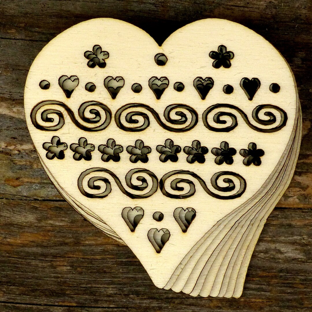 10x Wooden Filagree Patten Swirls Hearts Craft Shape 3mm Ply Valentine ...
