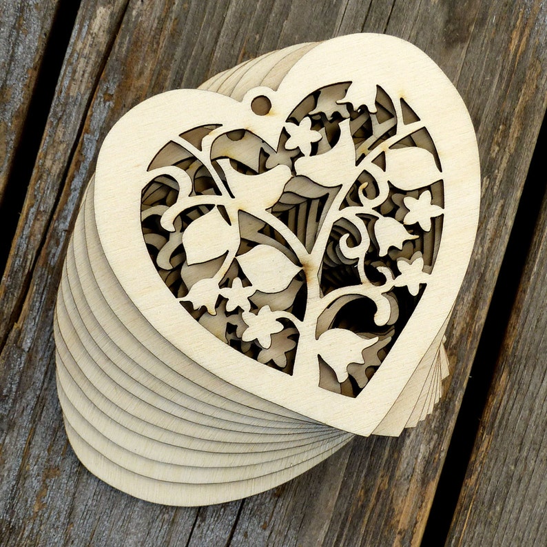 10x Wooden Heart Filigree Two Birds in a Tree Craft Shapes 3mm Plywood ...