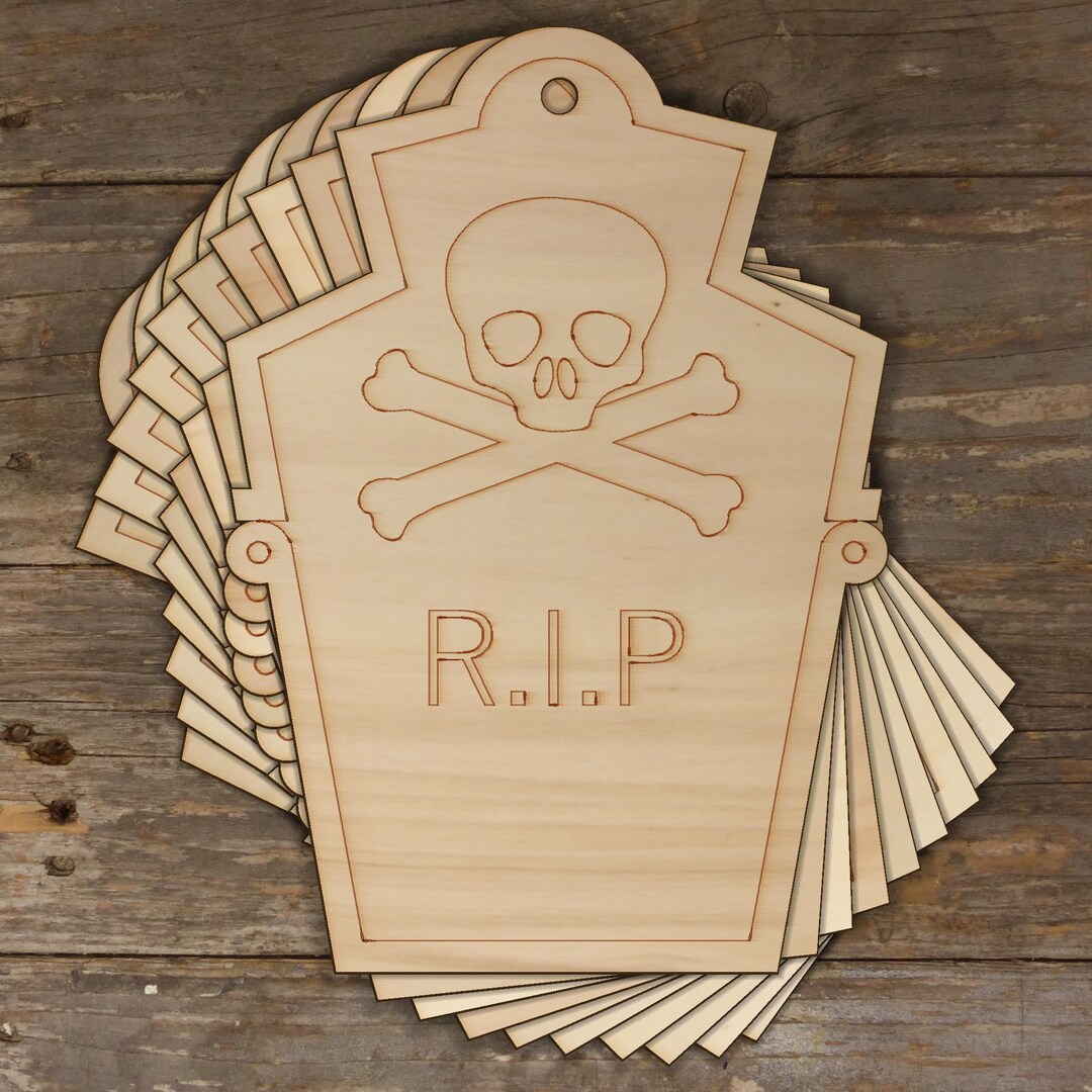 10x Wooden Grave Stone Fancy Skull Craft Shape 3mm Ply Halloween Death ...